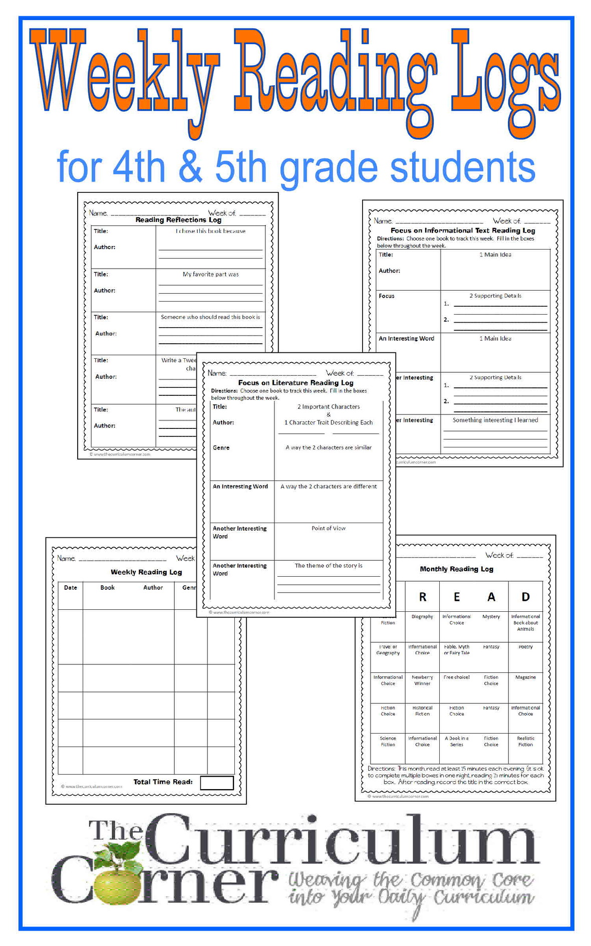 Intermediate Reading Logs, Place Value Practice and Days of the Week