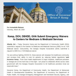 Kemp, DCH, DBHDD, GHA Submit Emergency Waivers to Centers for Medicare ...