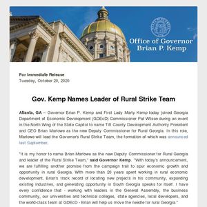 Gov. Kemp Names Leader of Rural Strike Team