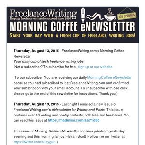 FreelanceWriting.com's Morning Coffee eNewsletter - Thursday, August 13th